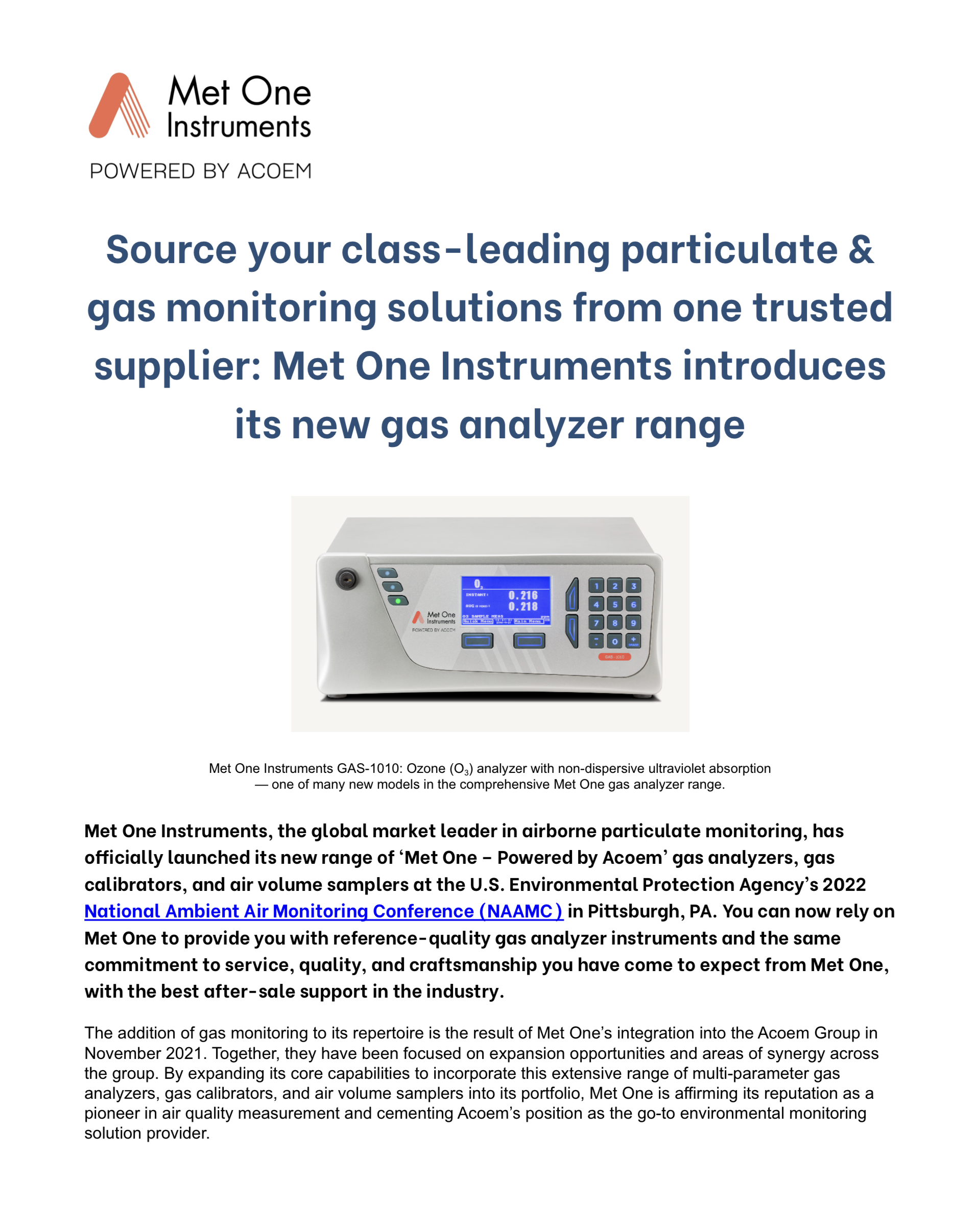 Met One Instruments Introduces New Gas Analyzer Range: Source Your ...